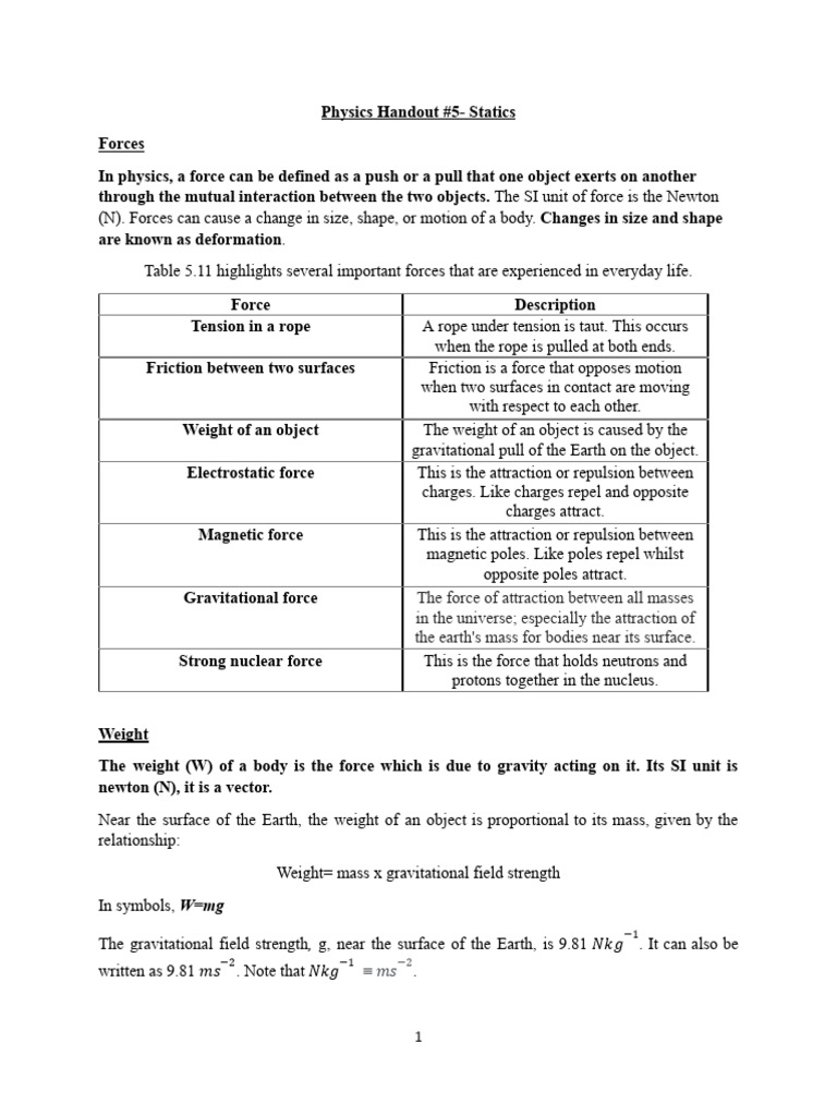 Physics Handout #5 - Statics | PDF | Force | Lever