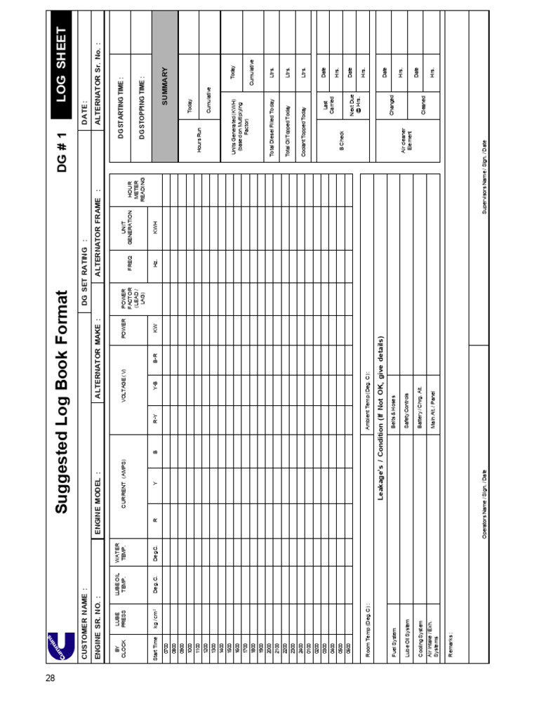 Generator Log Sheet Template | PDF | Power (Physics) | Electric Power