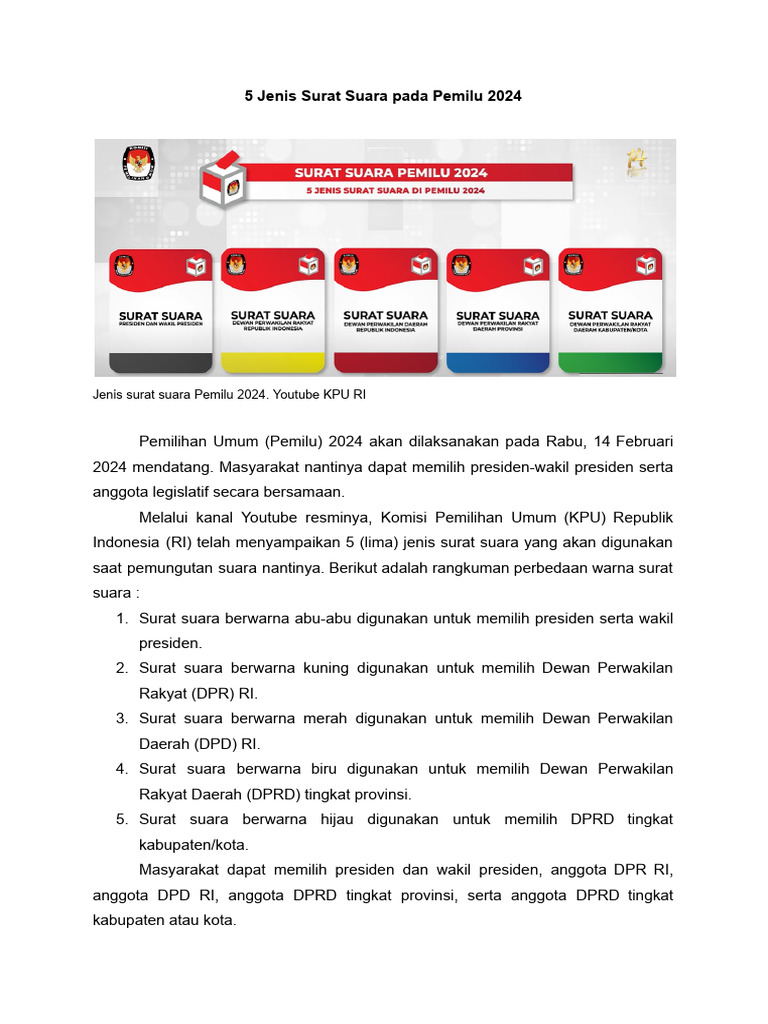 5 Jenis Surat Suara Pemilu 2024 | PDF | Hukum