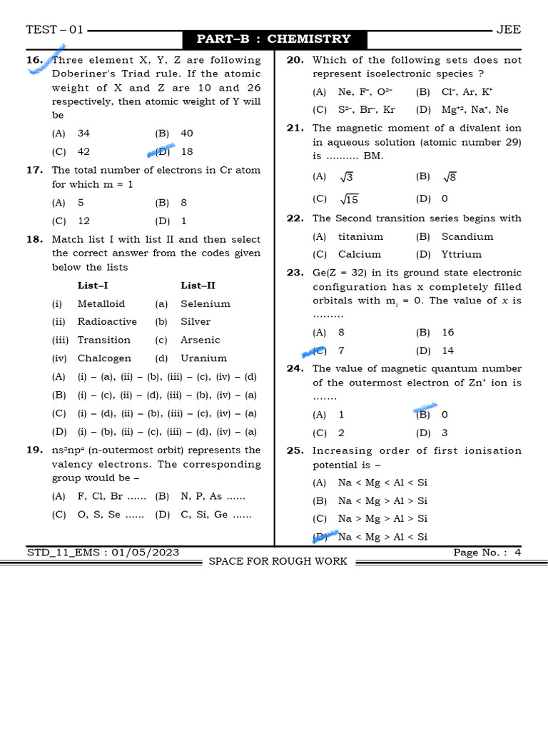 JEE Chemistry Test Answer Key | PDF | Atomic | Chemistry