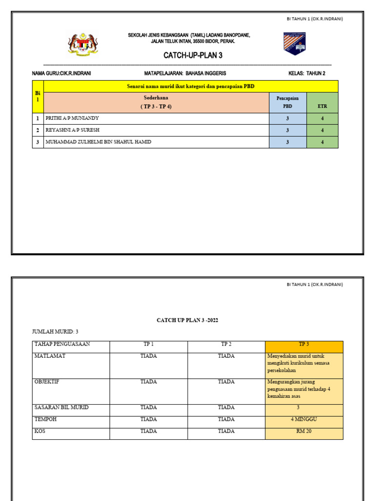 Catch-Up Plan for Year 2 English Class | PDF | Written Communication ...