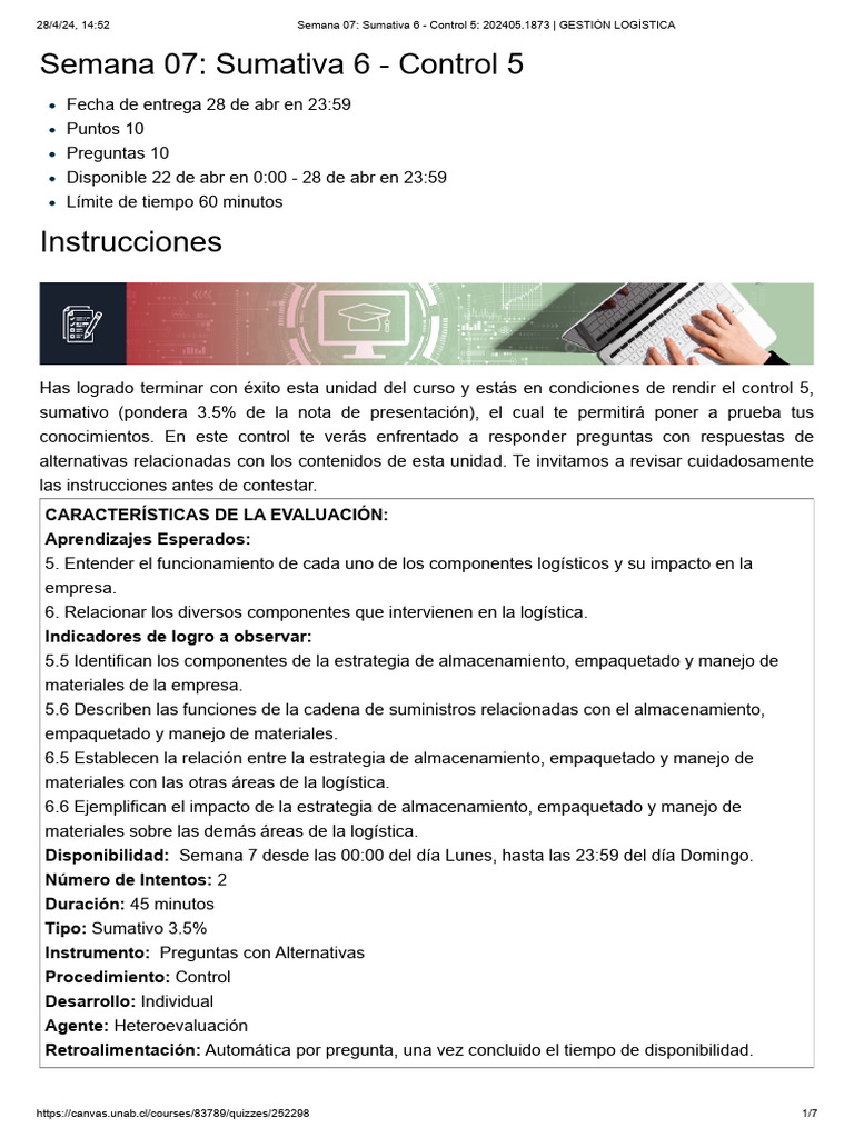 Semana 07 - Sumativa 6 - Control 5 - 202405.1873 - GESTIÓN LOGÍSTICA | PDF | Logística | Economias