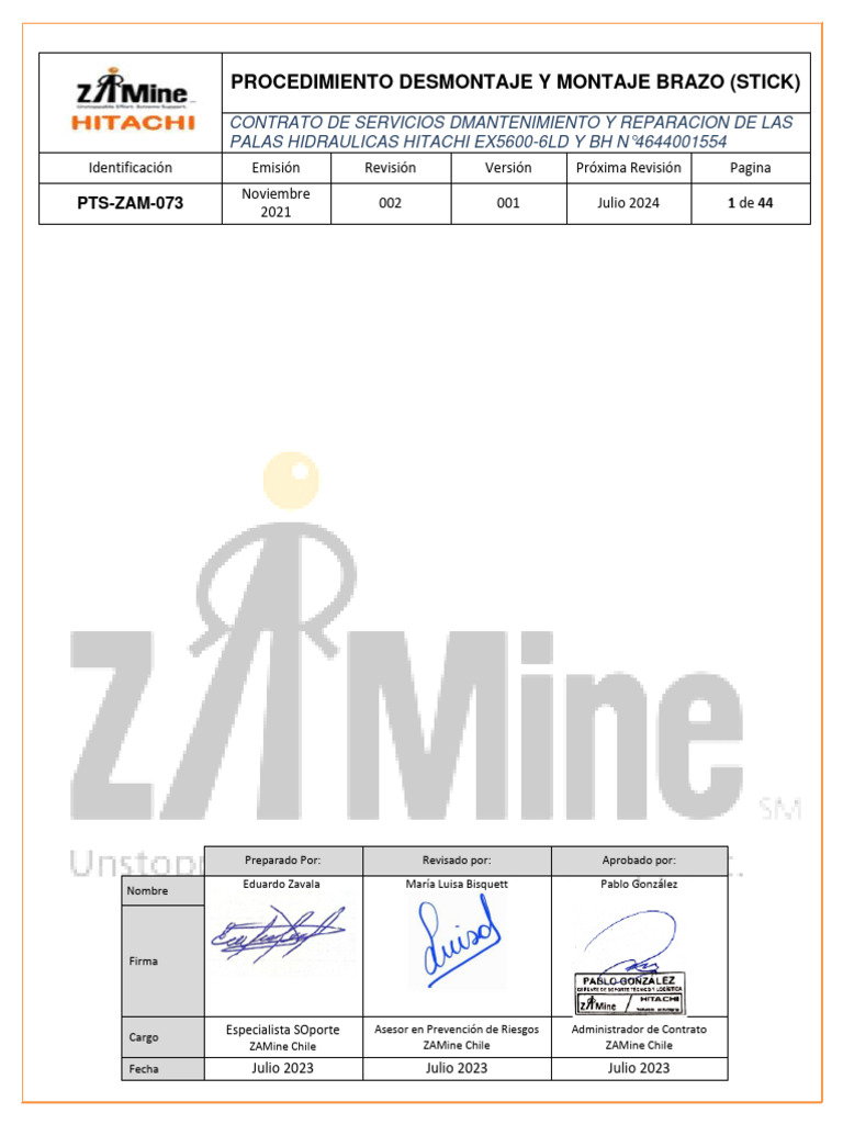 Pts-Zam-073, Procedimiento de Desmontaje y Montaje Brazo (Stick ...