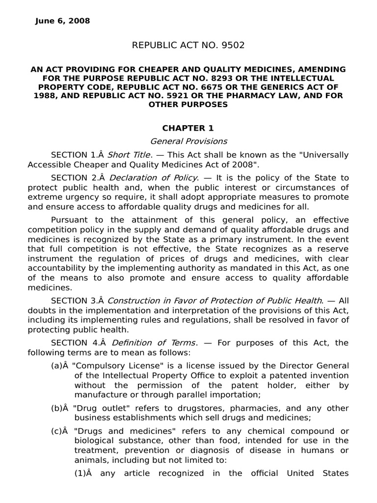 Universally Accessible Cheaper and Quality Medicines Act of 2008 | PDF ...