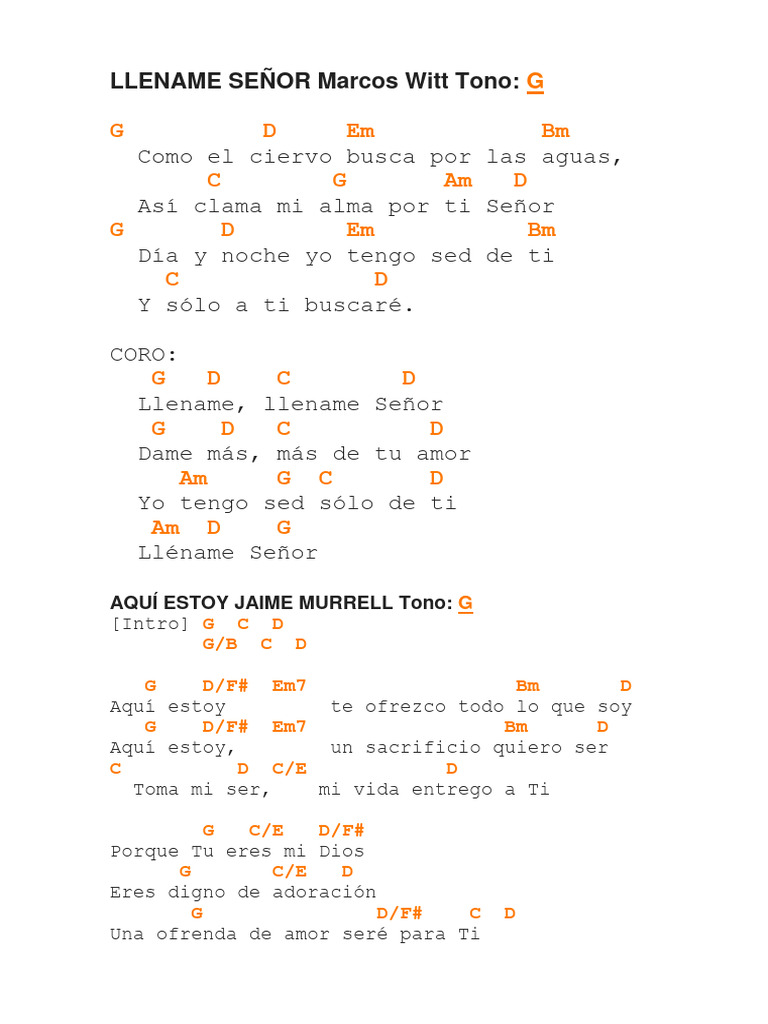 Acordes de "Lléname Señor" y "Aquí Estoy" | PDF
