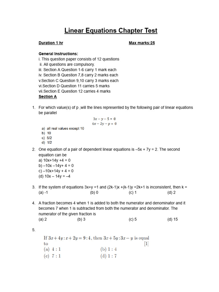Linear Equations Chapter Test Guide | PDF | System Of Linear Equations ...