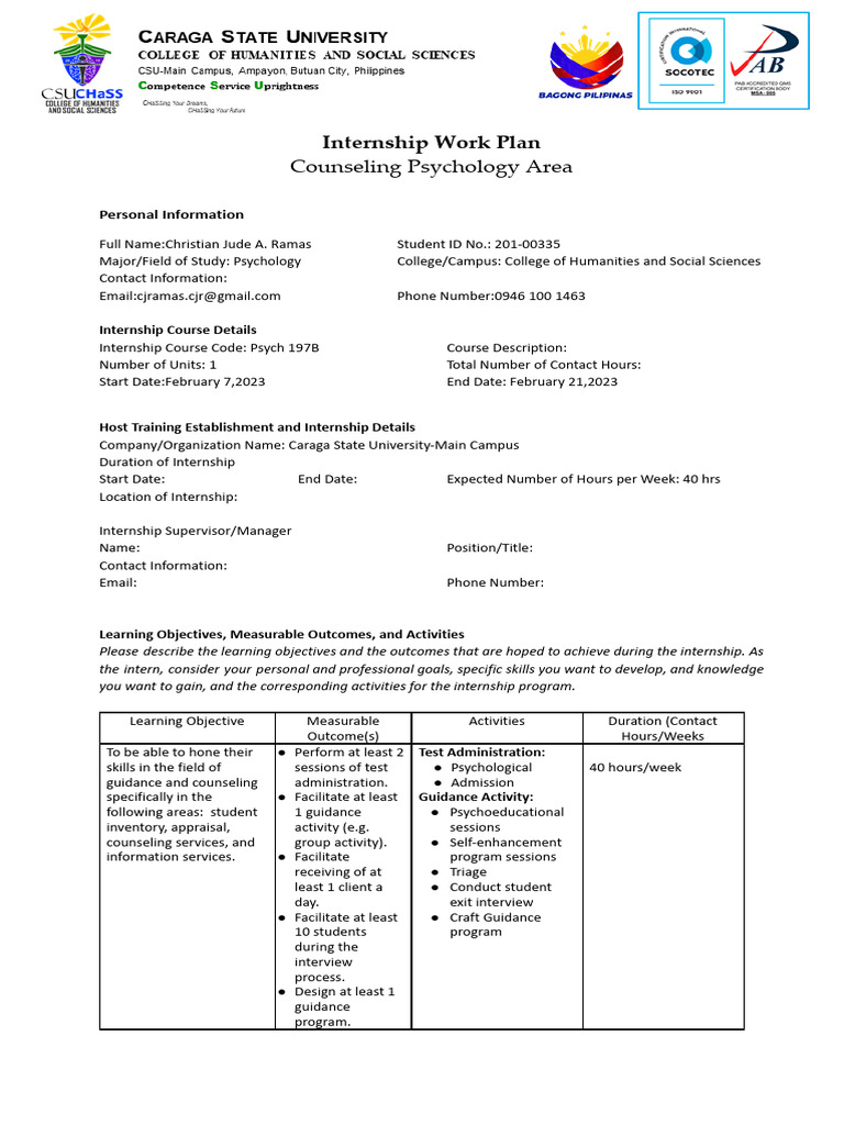 Internship Plan For Ramas | PDF | Counseling Psychology | Psychology