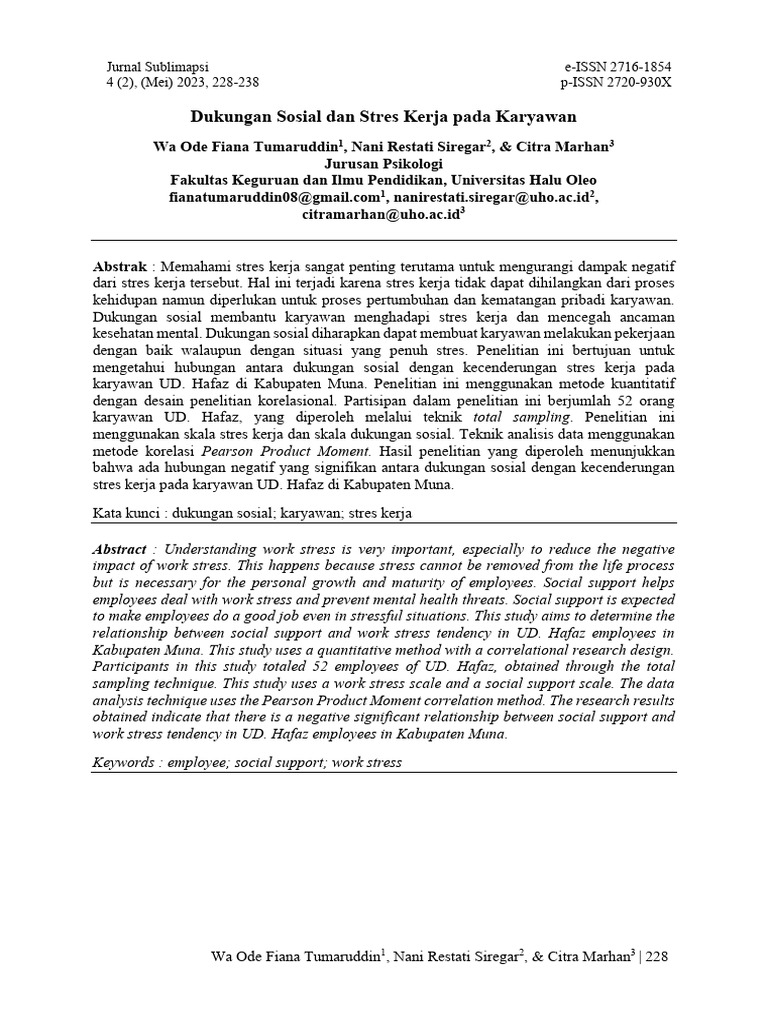 1 - Jur - Hubungan Dukungan Sosial Dan Stres Kerja Pada Karyawan | PDF ...