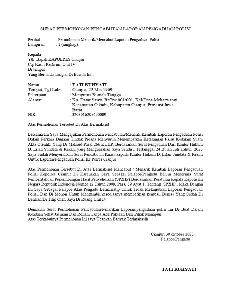 Contoh Surat Pencabutan Laporan Polisi | PDF