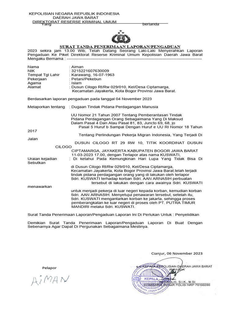 Contoh Surat Laporan Pengaduan Tppo Polda Jabar | PDF | Politik | Hukum