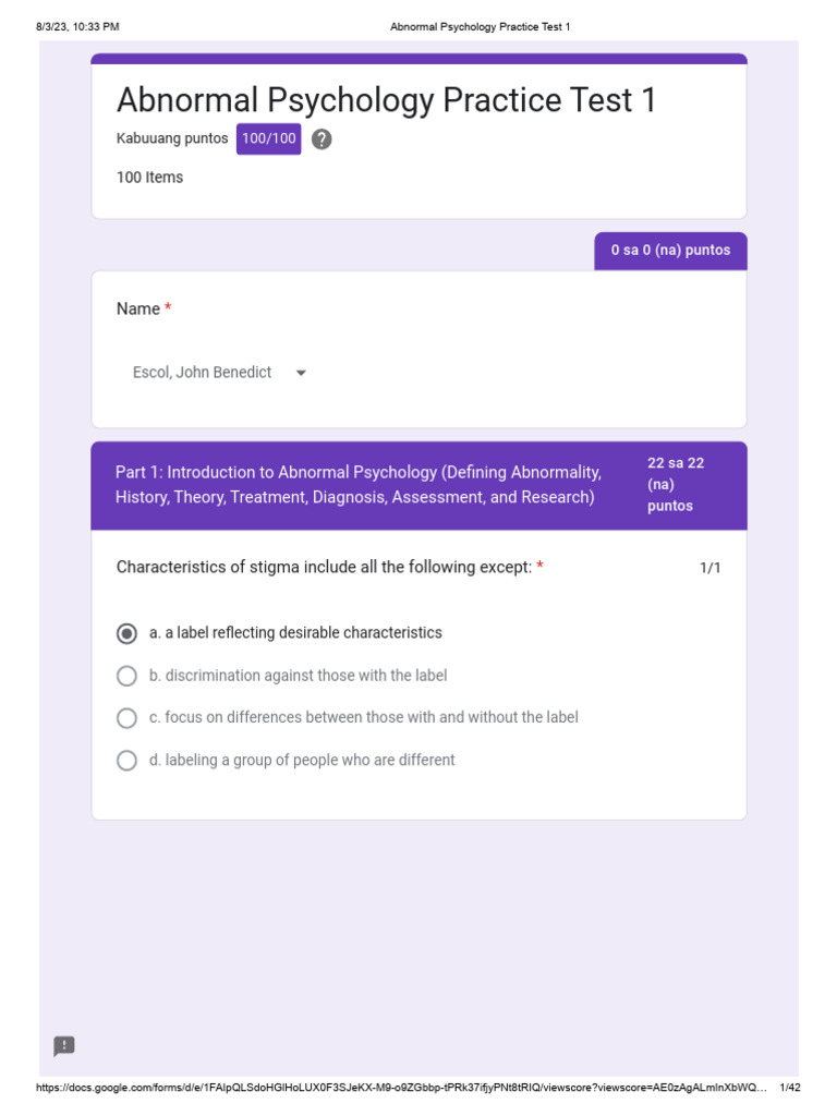 Abnormal-Psychology-Practice-Test-1 | PDF | Mental Disorder | Major ...
