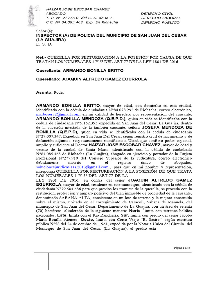 Poder de Proceso Policivo de Armando Bonilla Brito - Heredero de Armando - Predio Sabana Alta ...