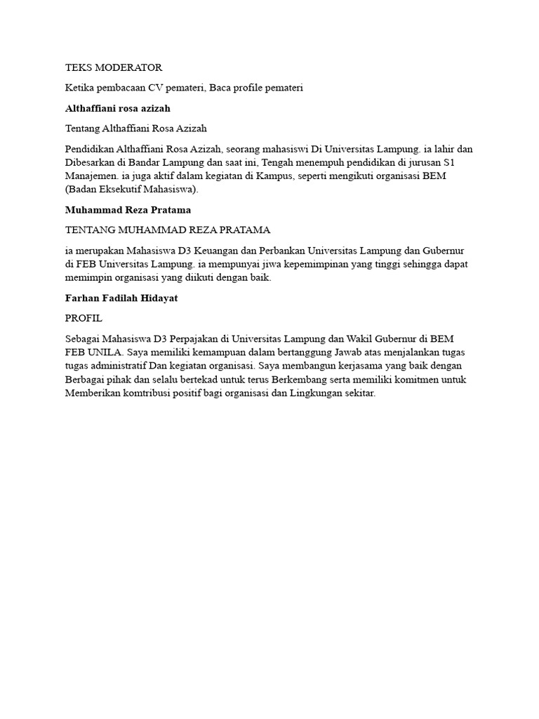 TEKS MODERATOR (Saat Pembacaan CV) | PDF