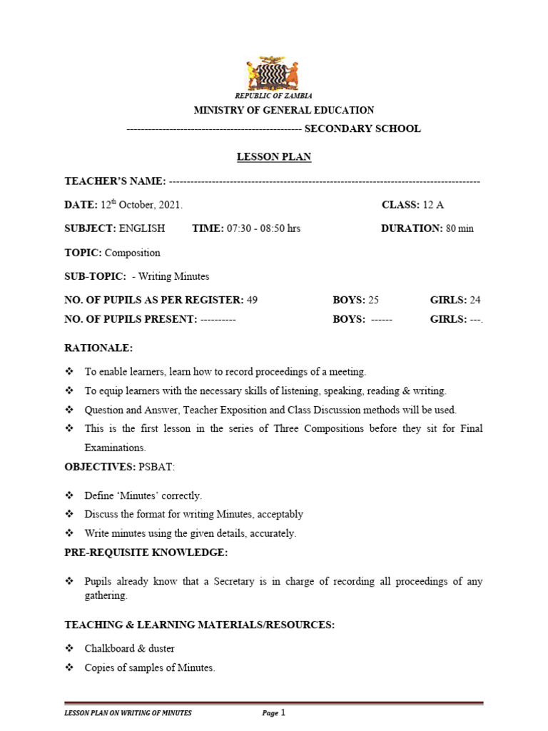 LESSON PLAN ON WRITING MINUTES | PDF | Lesson Plan | Learning