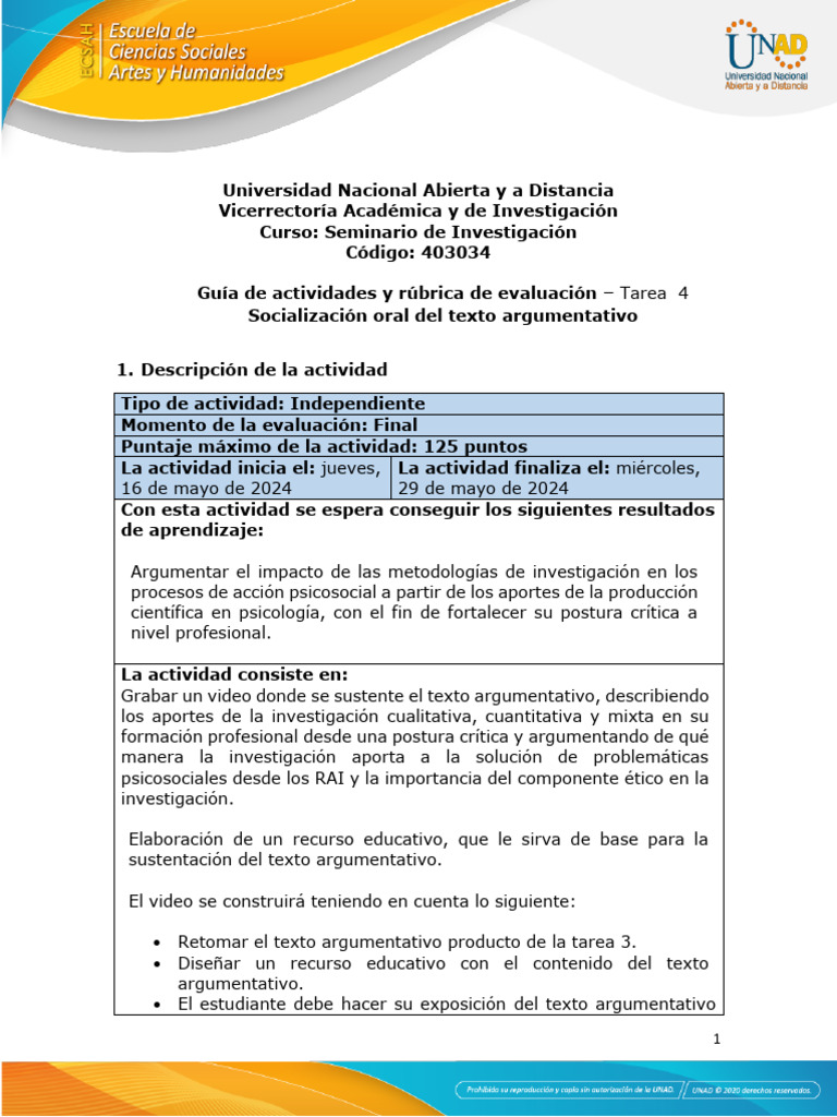 Guía de Actividades y Rúbrica de Evaluación - Tarea 4 - Socialización Oral Texto Argumentativo ...