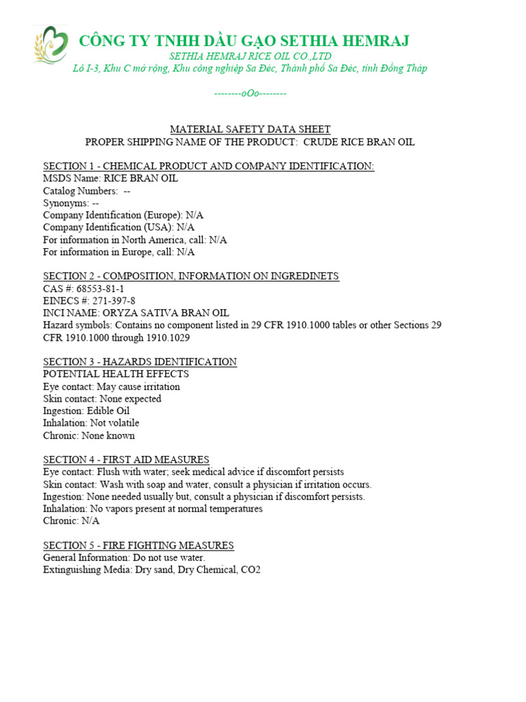 Rice Bran Oil Safety Guide | PDF | Water | Dangerous Goods