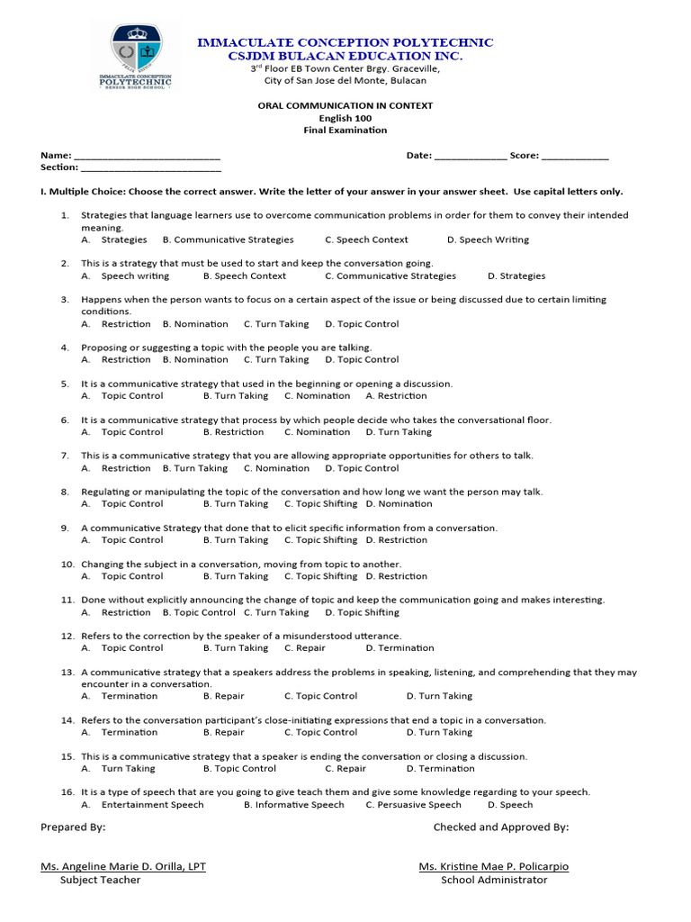 Eng 100 Final Exam | PDF | Conversation | Communication