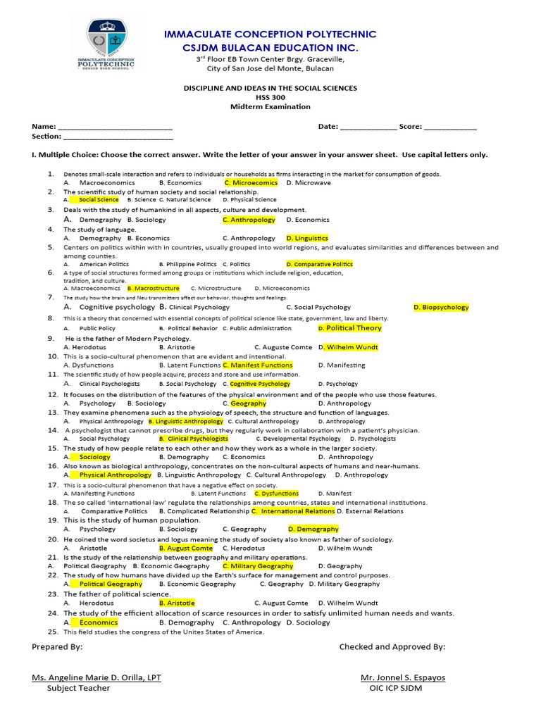 Midterm Exam Ans Key HSS 300 | PDF | Psychology | Sociology