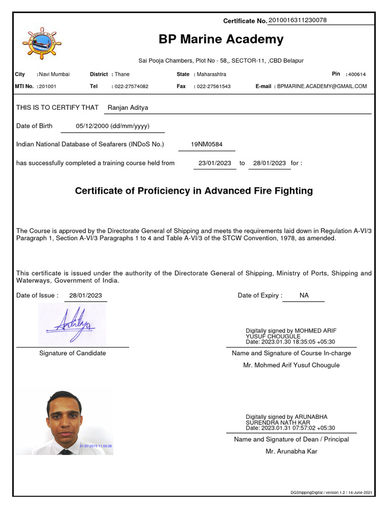 BP Marine Academy: Certificate of Proficiency in Advanced Fire Fighting ...