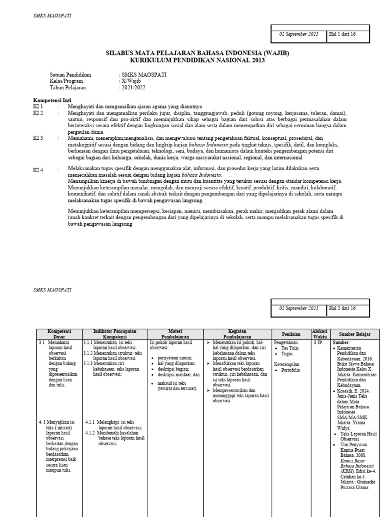 Contoh SILABUS BIN X REVISI | PDF | Seni & Disiplin Bahasa