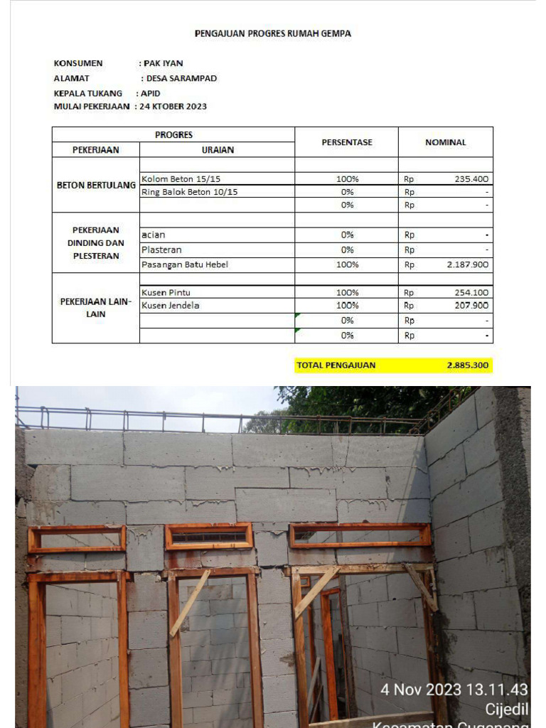 Pengajuan Progres Rumah Gempa Pak Iyan Ke 2 | PDF