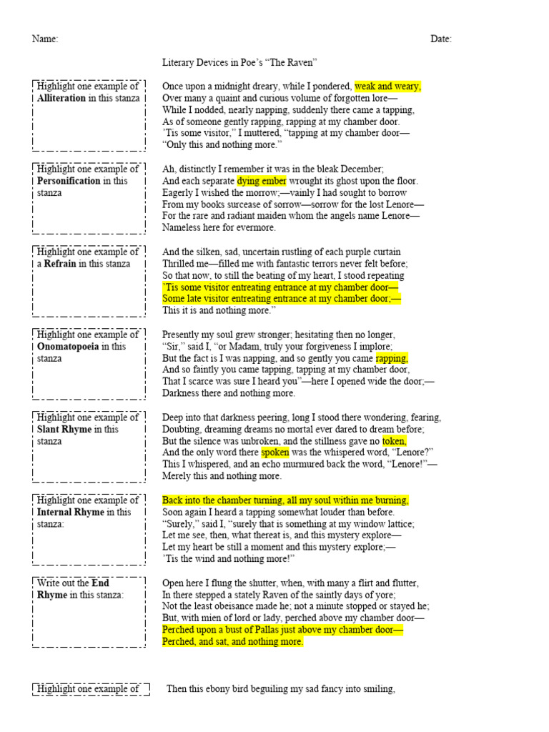 The Raven Literary Devices Close Reading | PDF | The Raven