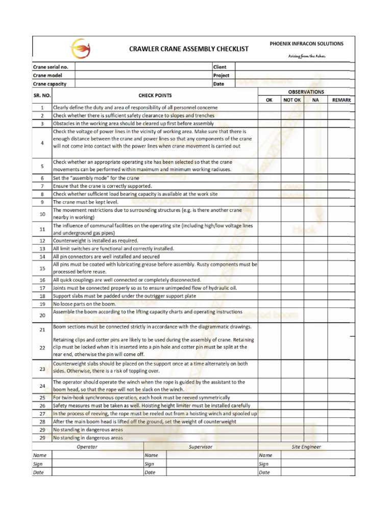 Checklist For Crawler Crane | PDF | Crane (Machine) | Equipment