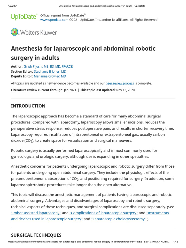 Anesthesia For Laparoscopic and Abdominal Robotic Surgery in Adults - UpToDate | PDF | Analgesic ...