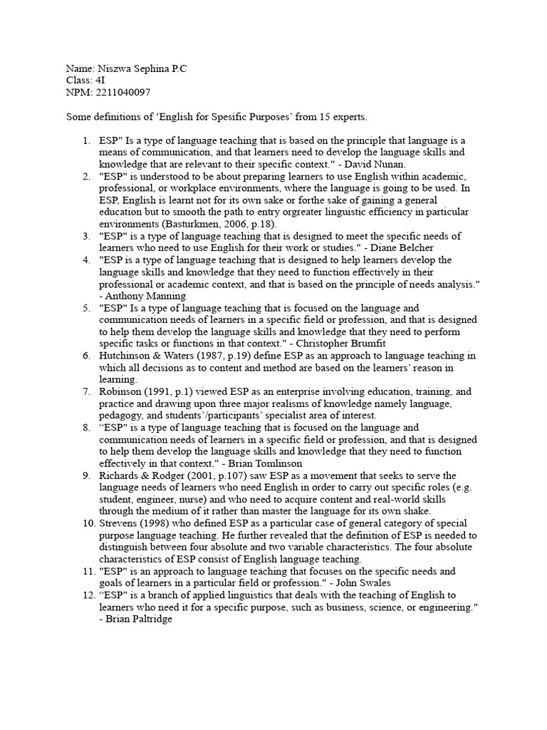 ESP Definitions | PDF | Language Education | Learning