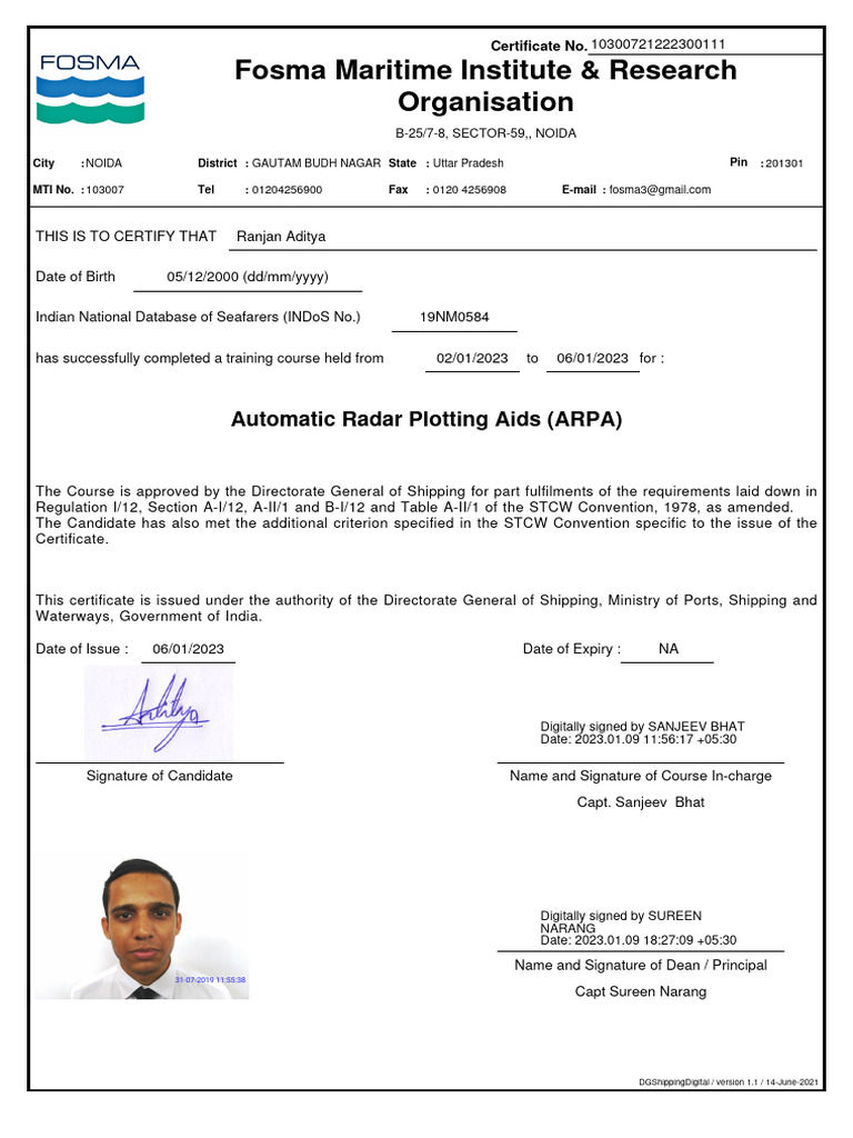 ARPA CERTIFICATE | PDF | Microwave Technology | Radar