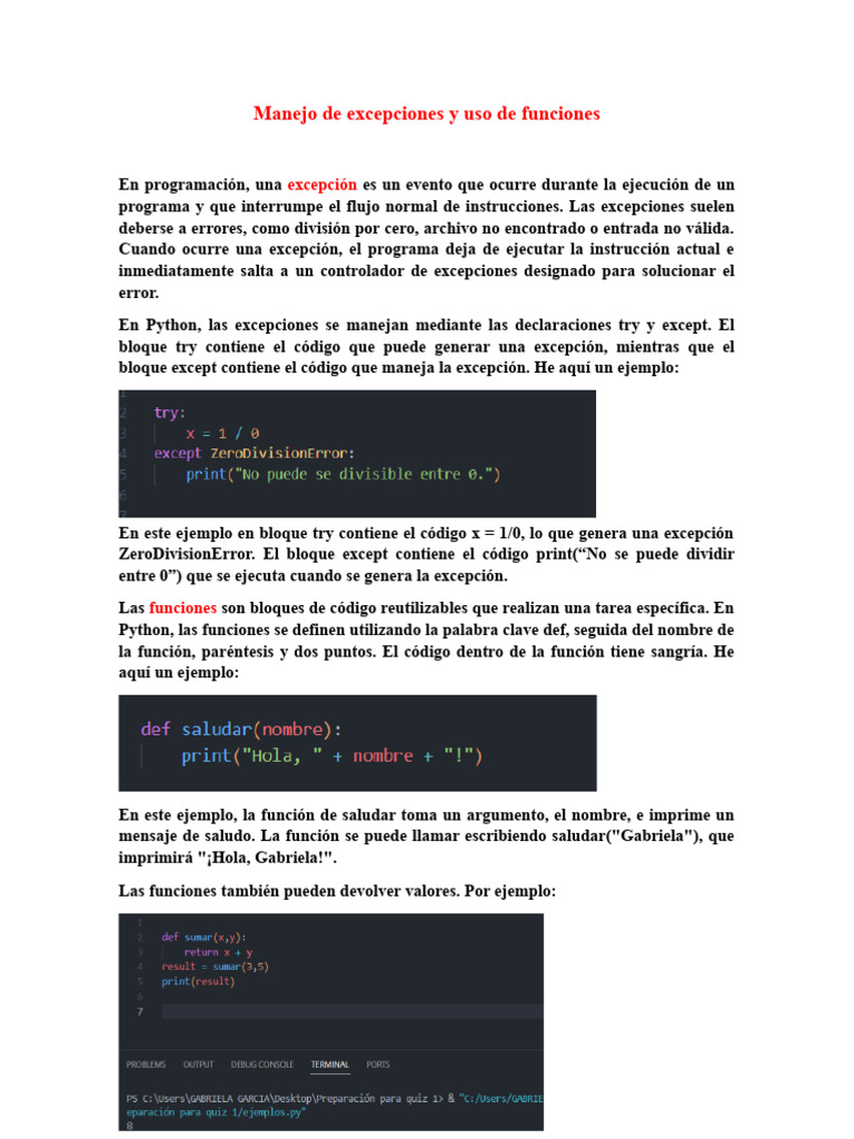 Manejo de Excepciones y Uso de Funciones | PDF | Métodos y materiales de enseñanza | Informática