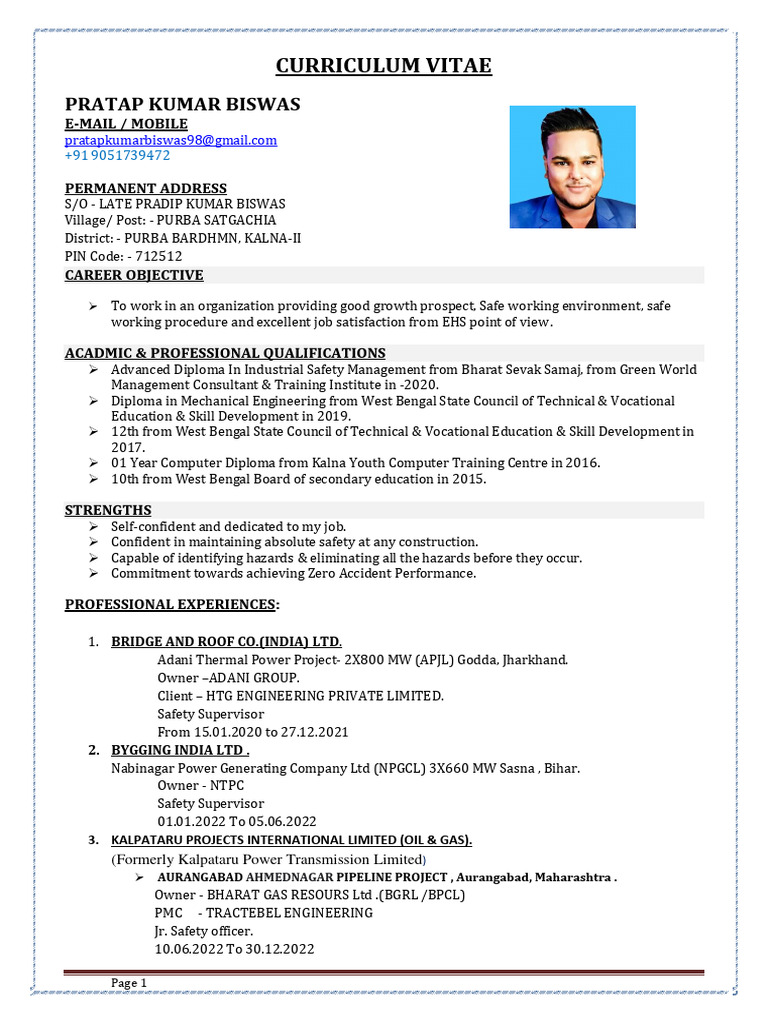 Pratap Kumar Biswas CV: Safety Officer | PDF | Technology & Engineering