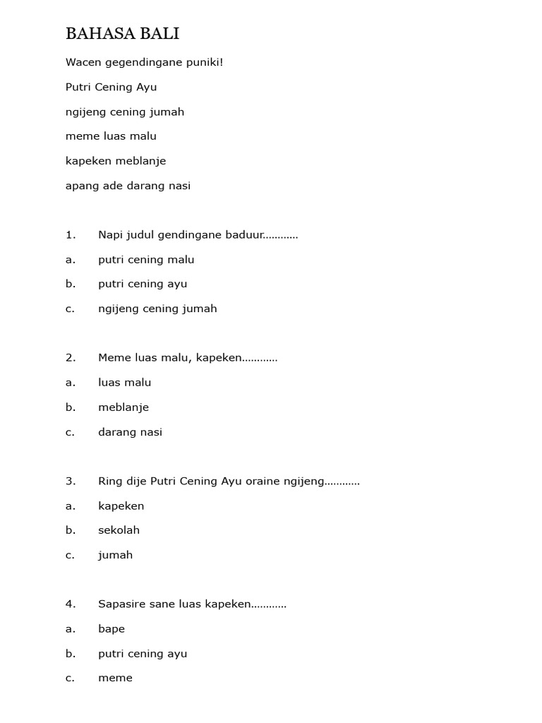 Kosa Kata Dasar Bahasa Bali | PDF