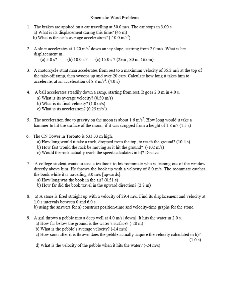 Kinematics Review Questions 2 W Key PDF Velocity Acceleration