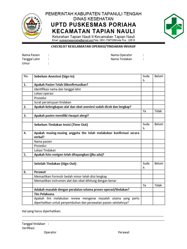 Checklist Keselamatan Operasi Atau Tindakan Invasif | PDF