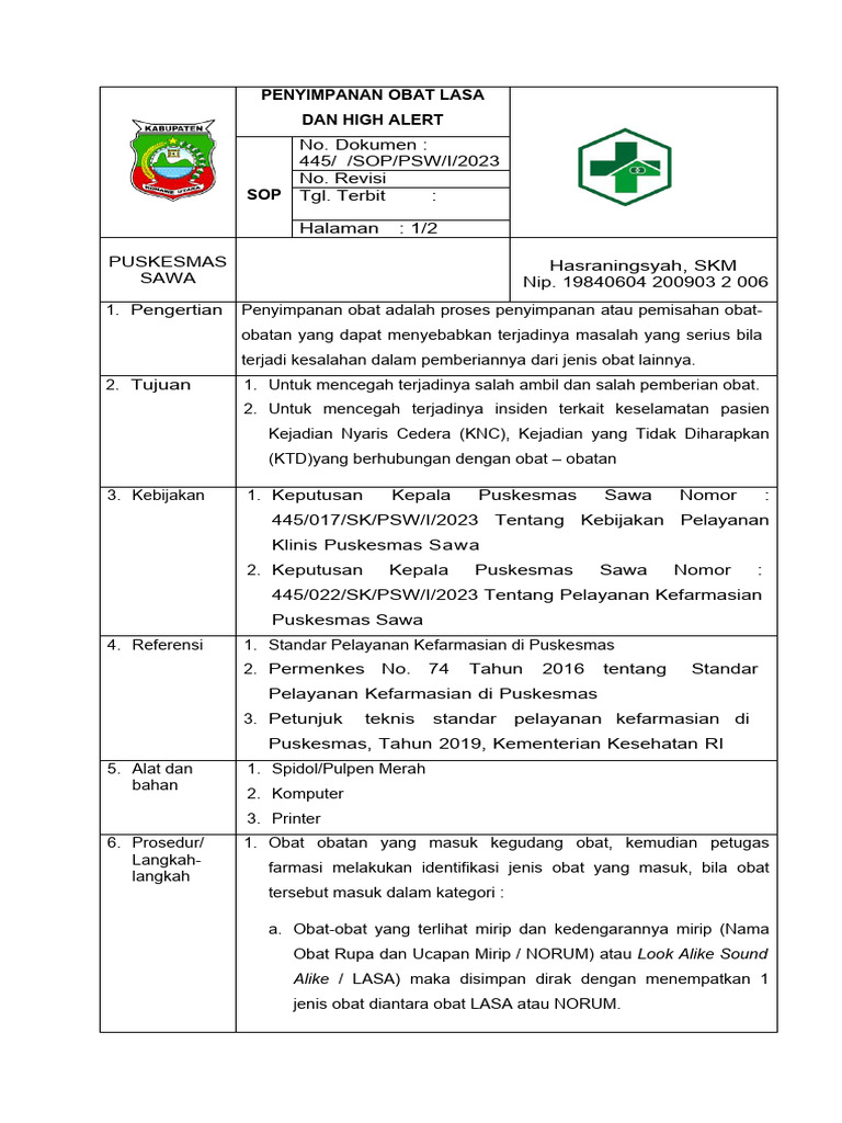 Sop Penyimpanan Obat Lasa Dan Hight Alert | PDF | Kesehatan Holistik | Sains & Matematika