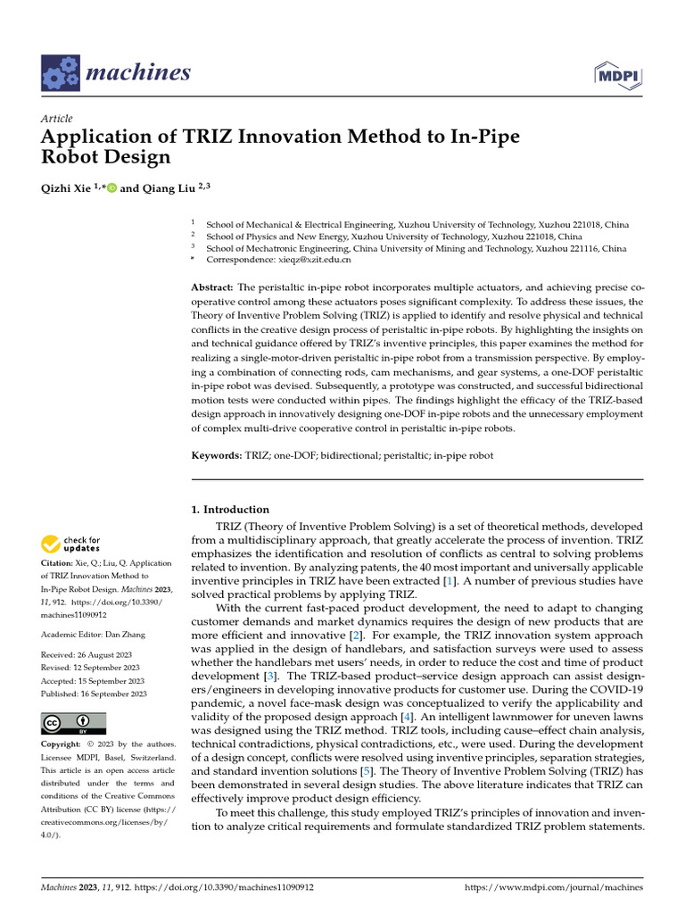 Application of TRIZ Innovation Method To In-Pipe Robot Design | PDF ...