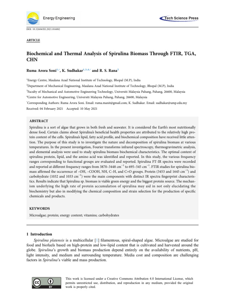Biochemical and Thermal Analysis of Spirulina Biomass Through FTIR, TGA | PDF ...