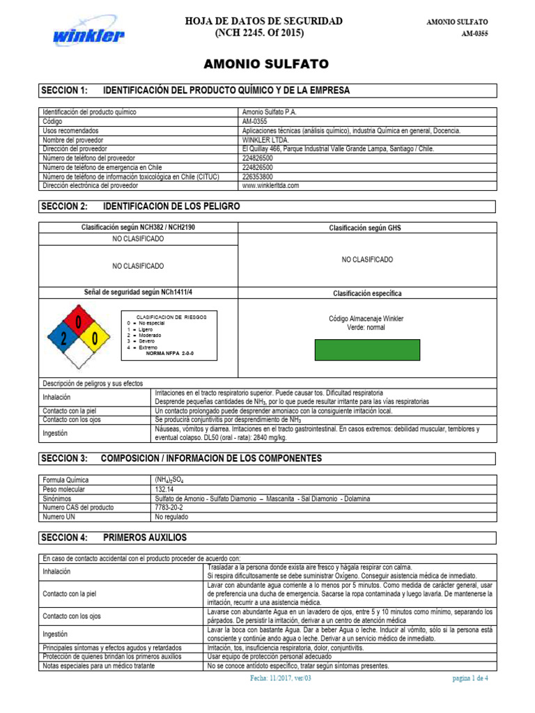 AMONIO-SULFATO-P.A hds | PDF | Amoníaco | Agua