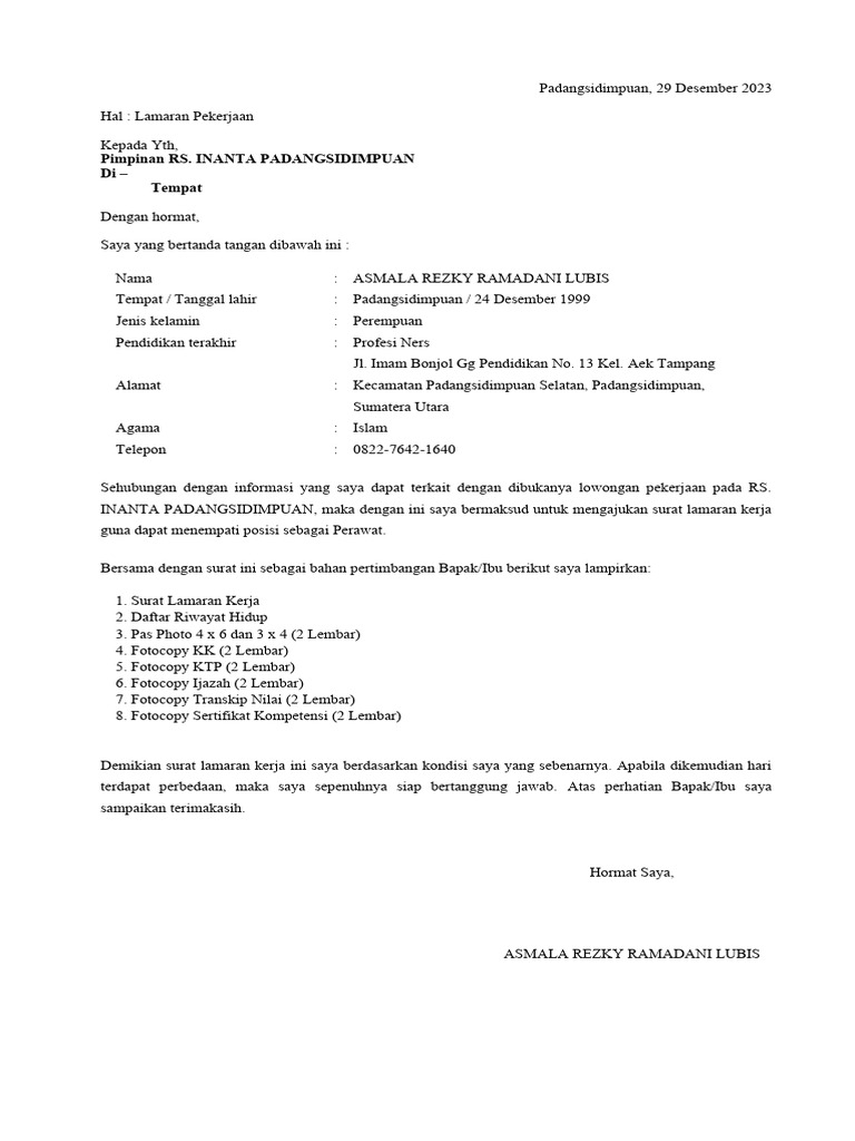 Asmala Rezky Surat Lamaran | PDF