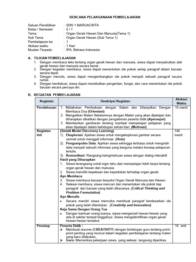 RPP Tema 1 Kelas 5 2023 | PDF