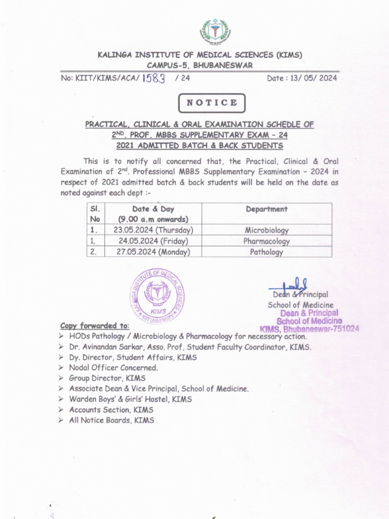 Practical, Clinical & Oral Examination Schedule (2nd. Prof. MBBS Supplementary Exam - 24) | PDF