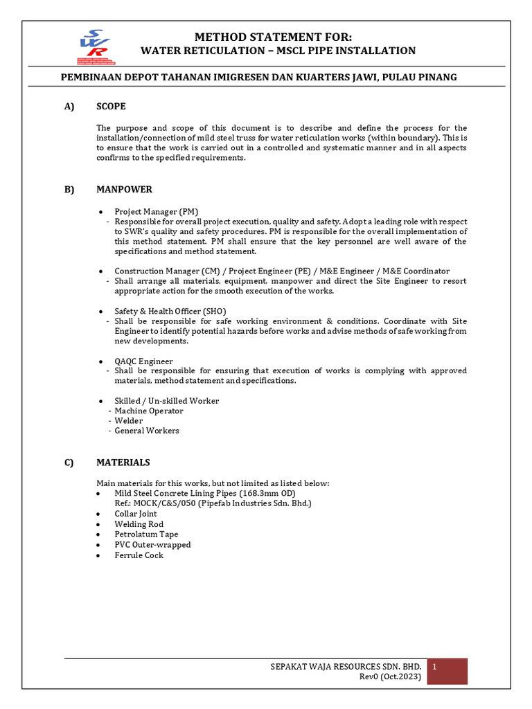 MSCL Pipe Installation Method Statement | PDF | Pipe (Fluid Conveyance) | Welding