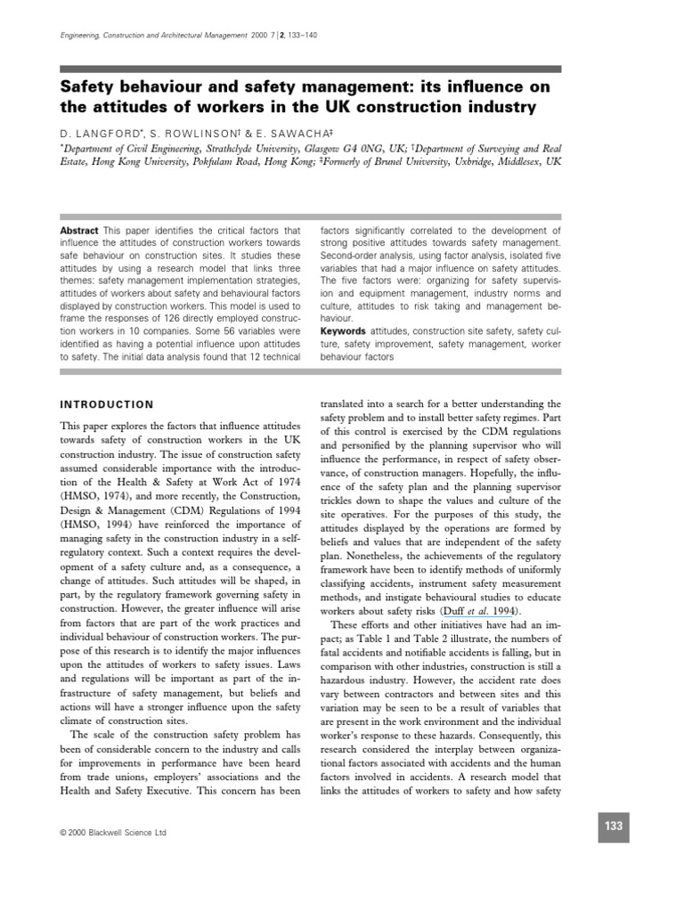 Safety Behaviour and Safety Management - Its Influence On The Attitudes of Workers in The UK ...