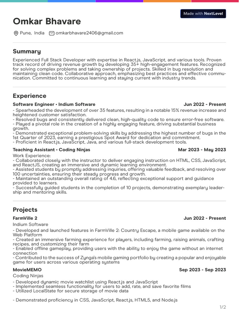 Omkar Bhavare NextLevel Resume | PDF | Java Script | World Wide Web