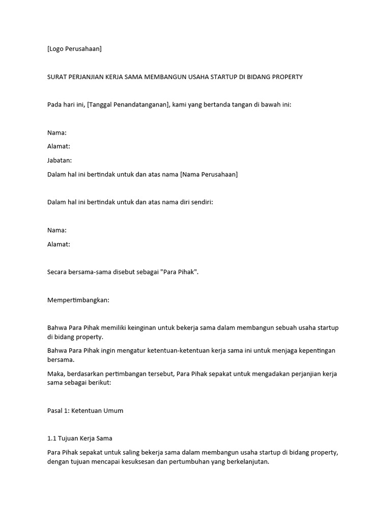 Perjanjian Kerjasama Startup Di Bidang Property | PDF | Bisnis