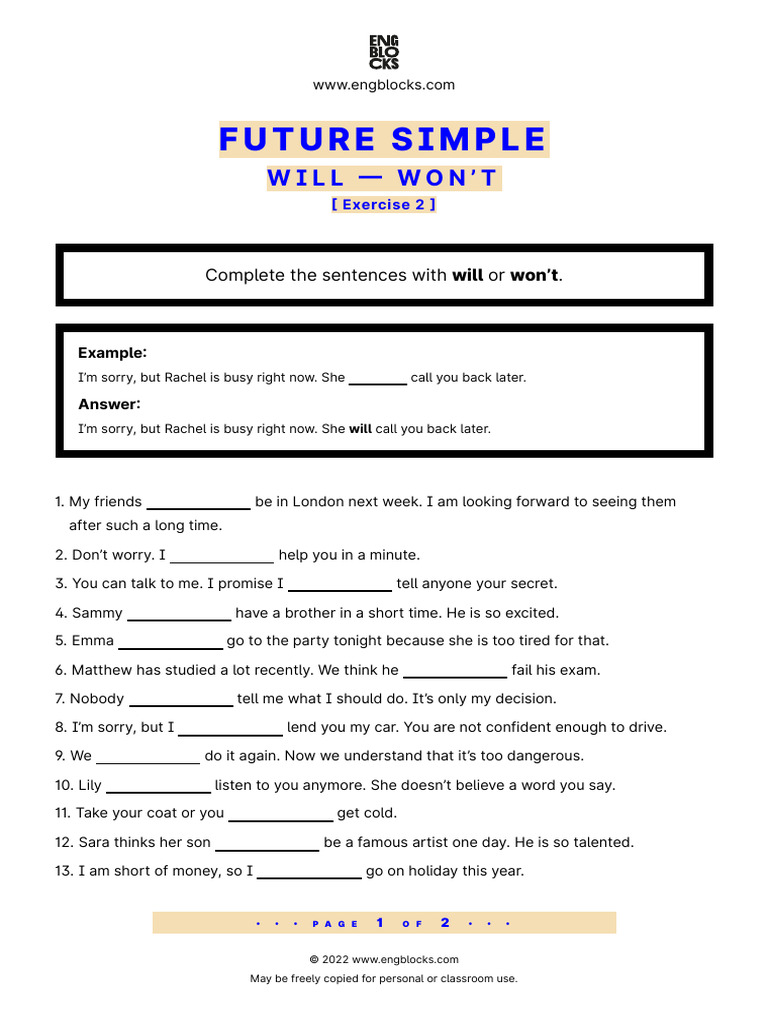 Will vs. Won't Exercise Worksheet | PDF