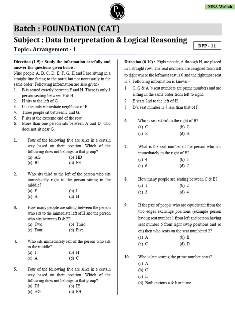 LRDI Starter Kit - Arrangements - 1 LL Logical Reasoning - DPP 11 - MBA Foundation 2023 | PDF ...