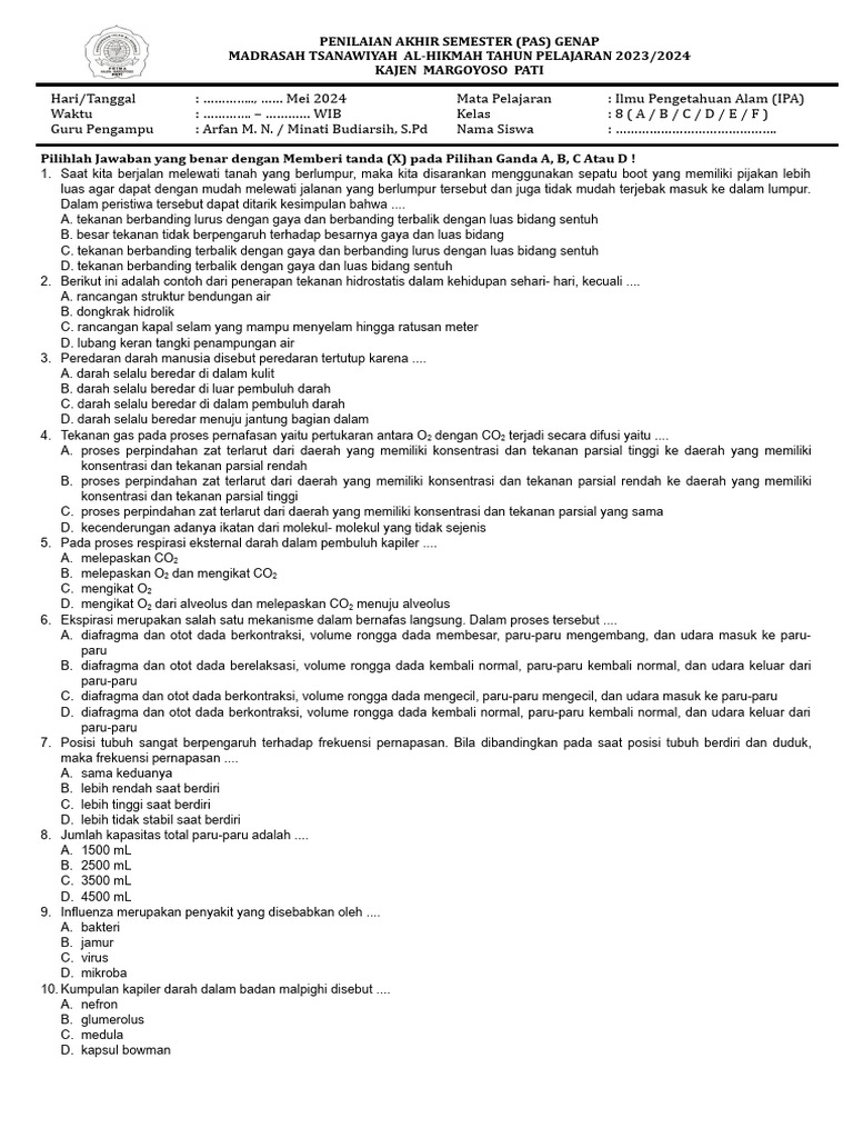 Soal, Kunci Jawaban & Kisi-Kisi UAS Genap Kelas 8 2024 | PDF