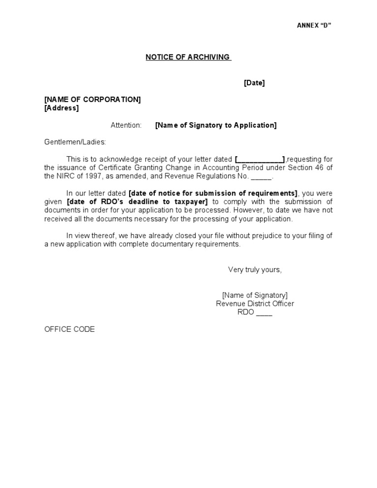 ANNEX D - Notice To Archive | PDF